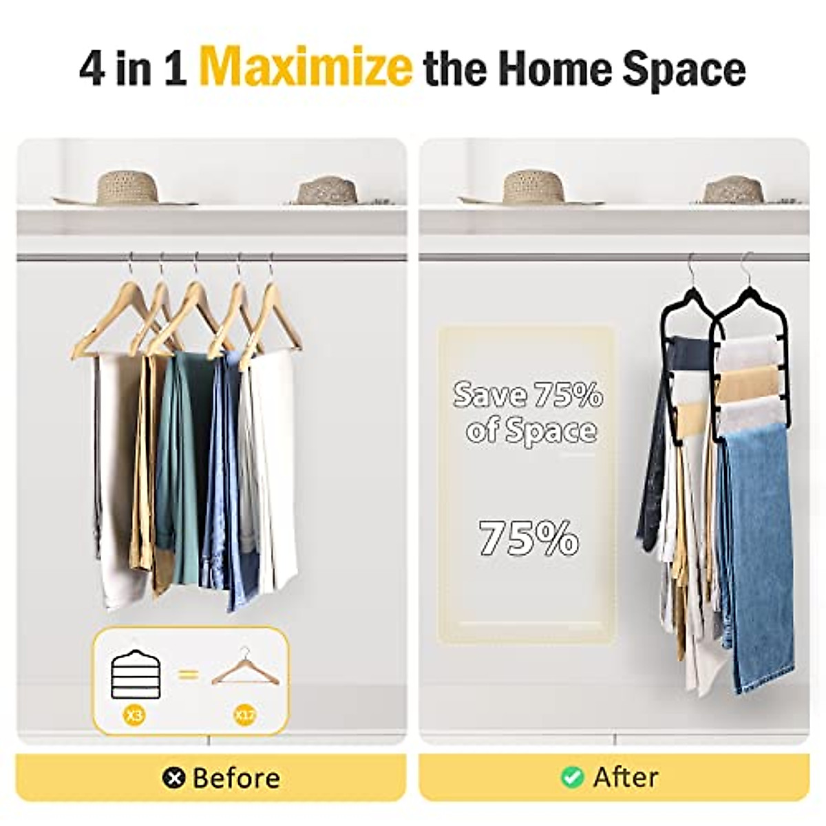 Velvet Pants Hangers Space Saving - Non Slip Jeans Hangers Znben Velvet Trousers Clothes Hangers Multiple Closet Storage Organizer for Jeans Scarves Tie Towels Black 3 Pack