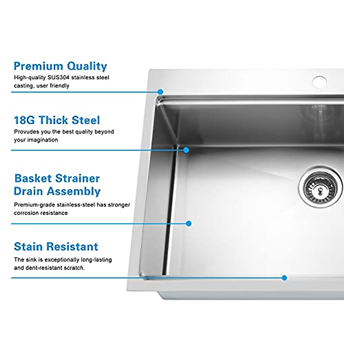 AGABOK 33 Inch Drop In Kitchen Sink, 33x22 Inch Topmount Workstation Sink with Ledge, 18 Gauge SUS304 Stainless Steel Kitchen Sink, 10 Inch Deep Handmade Single Bowl Kitchen Sinks with Accessories