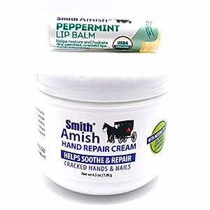 Smith Amish Hand Repair Cream 4.5 oz jar Plus Organic Peppermint Lip Balm.