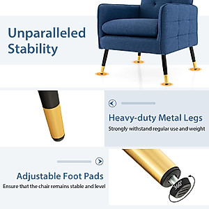 Giantex Modern Mid-Century Accent Chair - Upholstered Armchair with Tufted Back, Metal Legs, Adjustable Foot Pads, Linen Fabric Single Sofa Chair for Reading, Living Room Chair for Bedroom, Blue