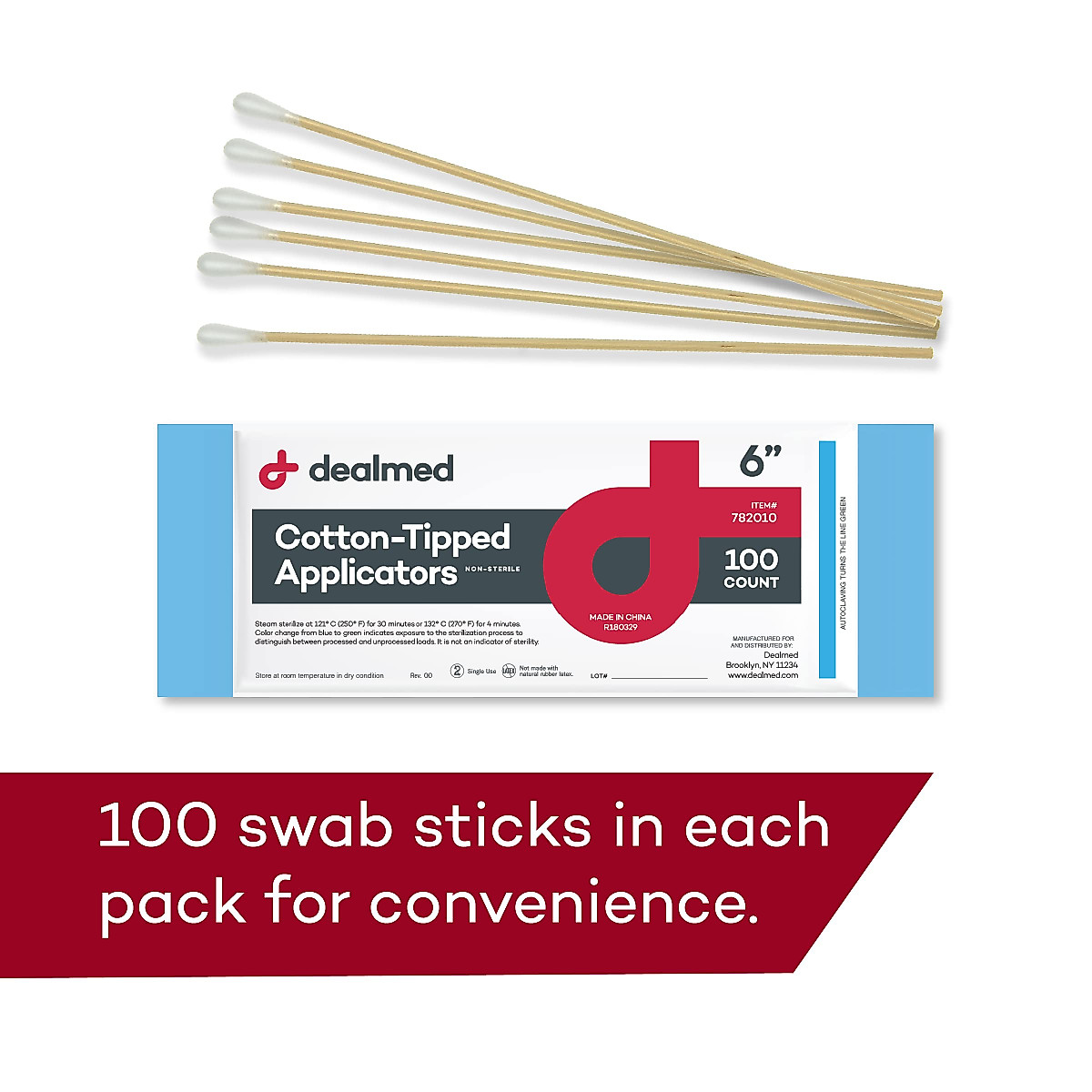 Dealmed 6" Cotton-Tipped Wood Applicators – 1,000 Non-Sterile Cotton-Tipped Applicators, 100 Applicators Per Pouch, Ideal for Application of Medication, Cleaning Skin, Arts and Crafts and More