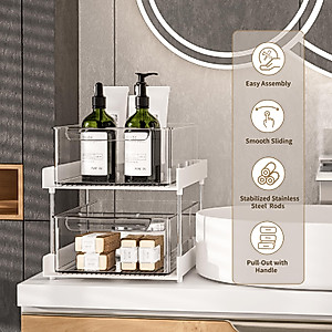 YuzhuSuye Under Sink Organizer 2 Tier Bathroom Storage and Organizer Multi-Purpose Clear Pull Out Cabinet Organizer Drawer Storage Shelves with Handles for Bathroom Kitchen Pantry Closet and Office