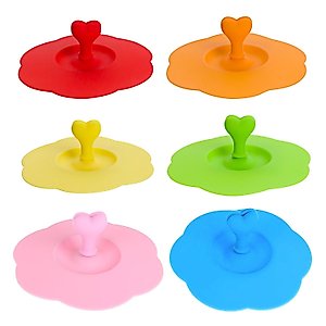 AKOAK 6 Pcs Plum Cup Lid, Teacup Mark Lid, Food Grade Silicone Lid with Spoon Holder Lid, 6 Colors