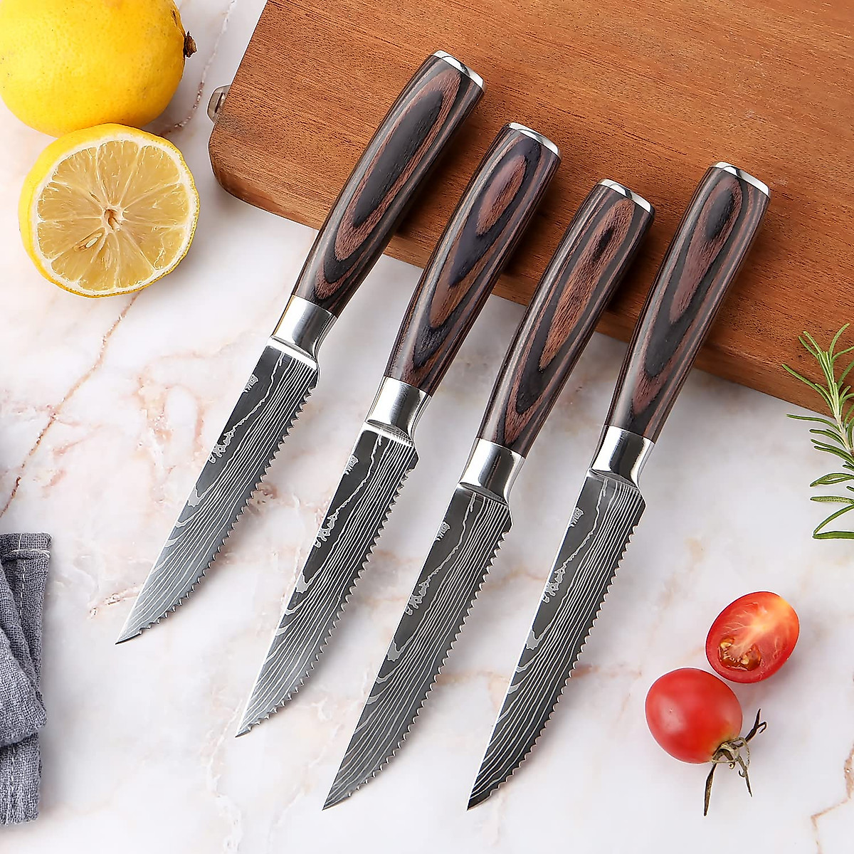 SENKEN Professional Steak Knife Set with Damascus Pattern - Razor Sharp Serrated Stainless Steel & Wood Handle (Steak Knives Set of 6)