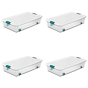 Sterilite 56 Qt./53 L Wheeled Latching Box Clears, Quart, White, 4 Piece & 19859806, 30 Quart/28 Liter Ultra Latch Box, Clear with a White Lid and Black Latches, 6-Pack