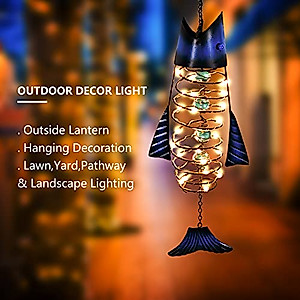 Outdoor Lights for Patio Garden Decor - Metal Solar Fish Hanging Decoration - Solar Lamp Decorative Yard Art - Pretty Nice Lantern for Man Woman Holiday Gift Ideas | Waterproof Warm LED Lighting