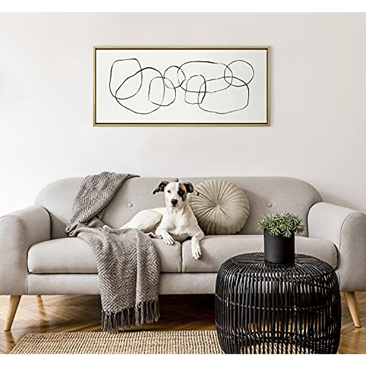 Kate and Laurel Sylvie Dancing Circles Framed Linen Textured Canvas Wall Art by Teju Reval of SnazzyHues, 18x40 Gold, Neutral Abstract Wall Decor