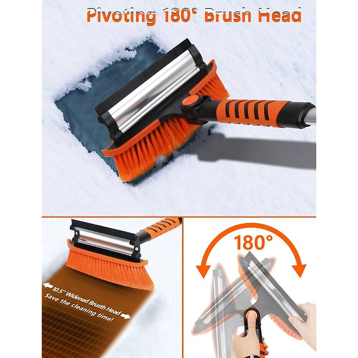 UHdod Ice Scraper and Snow Brush for Car SUV Trucks, 41” Extendable Snow Cleaning Brush for Car Windshield with Squeegee Telescoping Handle 180° Pivoting Brush Head Snow Scraper