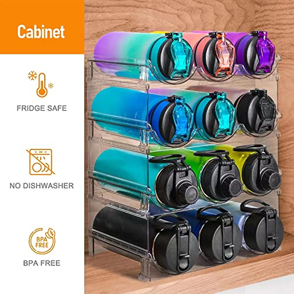 Water Bottle Organizer for Cabinet, 4 Packs Stackable Plastic Water Bottle Holder, Wine Racks for Kitchen Fridge Pantry Organization and Storage,Tumbler Travel Cup Holder and Organizer