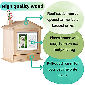 MonJolly Pet Urn, Wood Cremation Box with Photo Frame and Pawprint Clay for Personalized Urns. Memorial Keepsake for Ashes of Dogs, Cats, Small Animals. Bag for Ashes Included. Pet Memorial Gift.