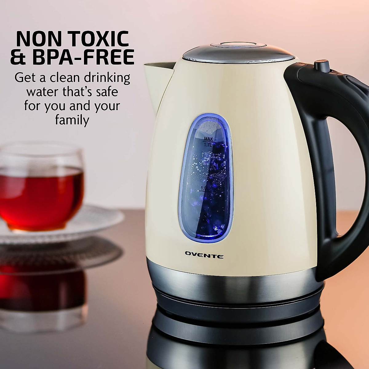OVENTE Electric Kettle Stainless Steel Instant Hot Water Boiler BPA Free 1.7 Liter 1100 Watts Fast Boiling with Cordless Body and Automatic Shut Off Safe and Perfect for Tea Coffee Milk, Beige KS96BG