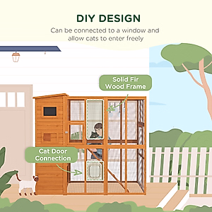 PawHut Outdoor Catio, Cat House Wooden Feral Cat Shelter, Cat Cage with Platforms, Waterproof Asphalt Roof, Ramps, 77" L, Natural