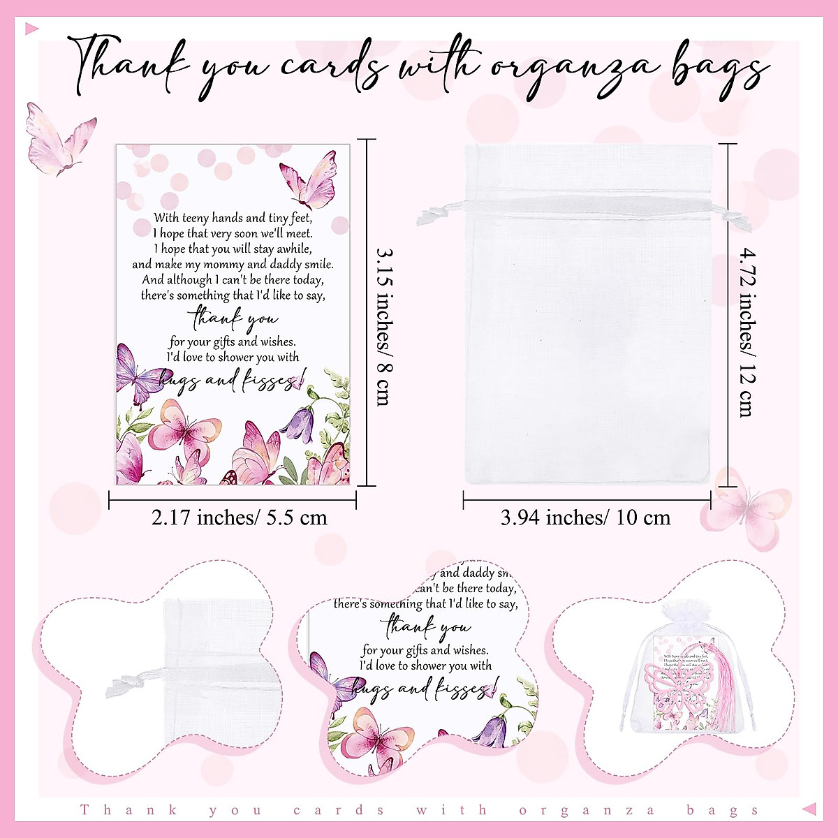 Humyoun 50 Sets Baby Shower Favors for Guests Bulk 50 Metal Book Marks Butterfly Bookmarks 50 Mini Thank You Cards 50 Organza Bags for Baby Shower Guests Souvenirs Reading Lover Gifts