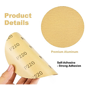 MIDO Professional Abrasive Gold PSA Sandpaper 6 Inch 100 PCS Sanding Discs 220 Grit Self Adhesive Stickyback Sandpaper Roll Aluminum Oxide Adhesive Backed Sandpaper for Wood, Metal, and Car Paint