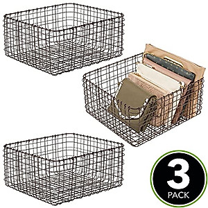 mDesign Farmhouse Decor Metal Wire Storage Basket Bin for Storage & Organizing Closets, Shelves, and Cabinets in Bedrooms - Holds Shirts, Purses, Leggings, Scarfs, Hats - 12" x 12" - 3 Pack - Bronze