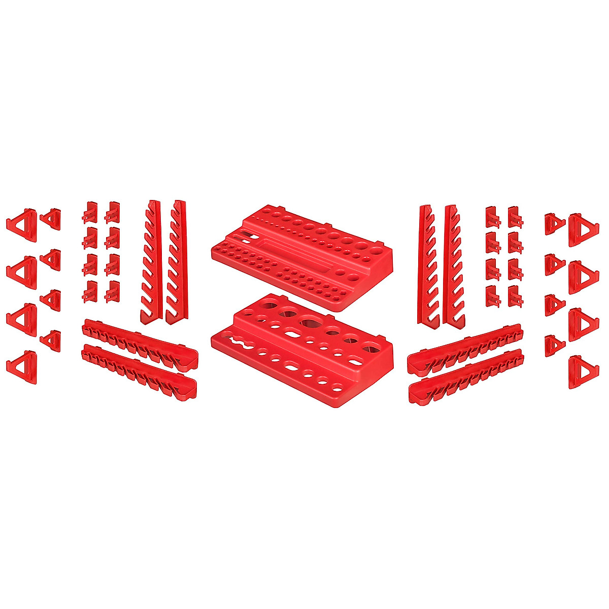 PAFEN Schüttenrega Storage System Workshop Shelving 1728 x 780 mm Wall Shelf with Tool Holder and 64 Stacking Boxes Wall Plates (Red/Blue/Black)