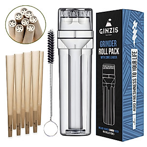 Ginzis 3-In-1 Herb Grinder Cone Loader Grinder Roller - Portable Grinder and Cone Filler, All-In-One Rolling Machine and Travel-Friendly Cone Storage - Includes 8 Carbon-Filtered Pre-Rolled Cones