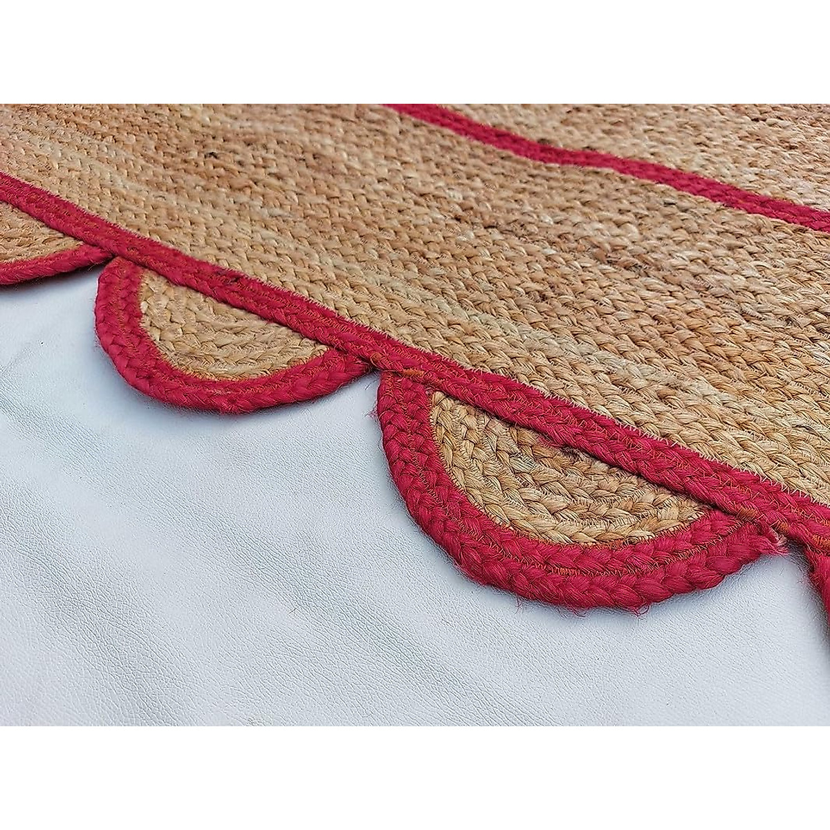 BUNDELA EXPORTS Scalloped Jute Area Rug, Floor Farmhouse Rug Natural Braided Reversible Boho Eco Large 2x12 Ft Runner Rug (RED)