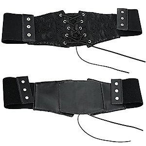 Glamorstar Corset Belt for Women Lace up Leather Belt Wide Waist Belt Elastic Tied Waspie Belt for Dresses Lace Black 27.5IN/70CM