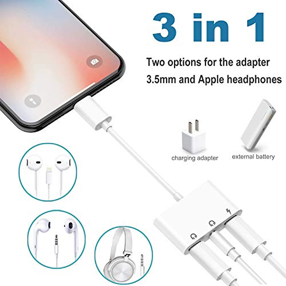 3 in 1 Lightning to 3.5mm Jack Headphone Adapter Earphone Jack Audio and Charging Adapter Headphone Splitter Compatible for iPhone 13 12 11 SE XS XR X 8 7 and iPad