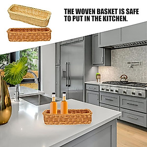 VOSAREA Wicker Storage Basket Plastic Long Narrow Rectangular Woven Shelf Basket Cutlery Spices Jar Toilet Paper Towel Basket Wicker Cube Storage Bins Boho Cutlery Tray