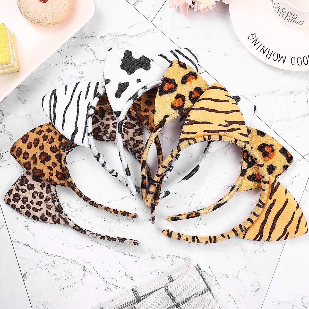 Lurrose 6pcs Plush Cheetah Leopard Grain Cat Ear Hairbands - Cosplay Hair Hoops and Headbands for Halloween, Festivals, Holidays