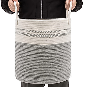 TECHMILLY Woven Rope Laundry Hamper Basket, Tall Laundry Basket Storage, Baby Nursery Hamper for Blanket, Clothes Hamper for Laundry in Bedroom and Living Room Organizing, Small, 42L, Grey