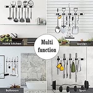 5 Racks and 4 Hooks Mop and Broom Holder Wall Mount, Broom Organizer Storage Tool Racks Stainless Steel Heavy Duty Hooks Self Adhesive Solid Non-slip for Home Kitchen Garden Laundry Garage