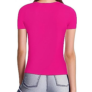 MANGOPOP Womens Short Sleeve Long Sleeve Square Neck T Shirts Tops Tees (Short Sleeve Rose Pink, Medium)