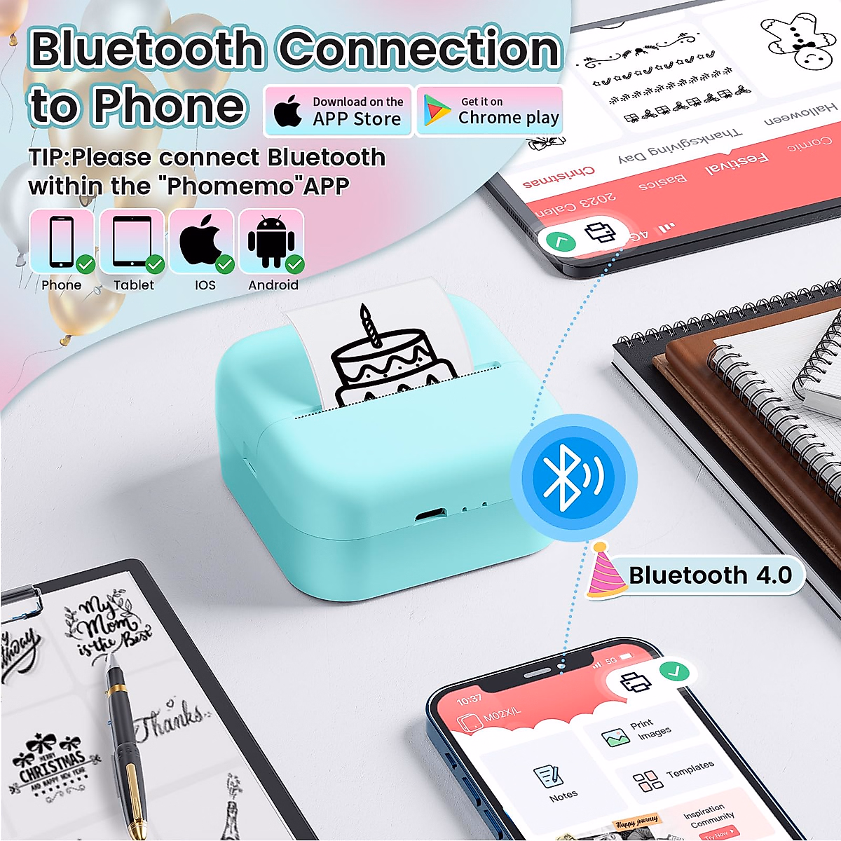 Mandizza Sticker Printer- M02L Pocket Printer with 6 Rolls Paper Thermal Mini Printer Portable Printer for Printing Photos, Study Notes, Scrapbook, Journal, Birthday, Green