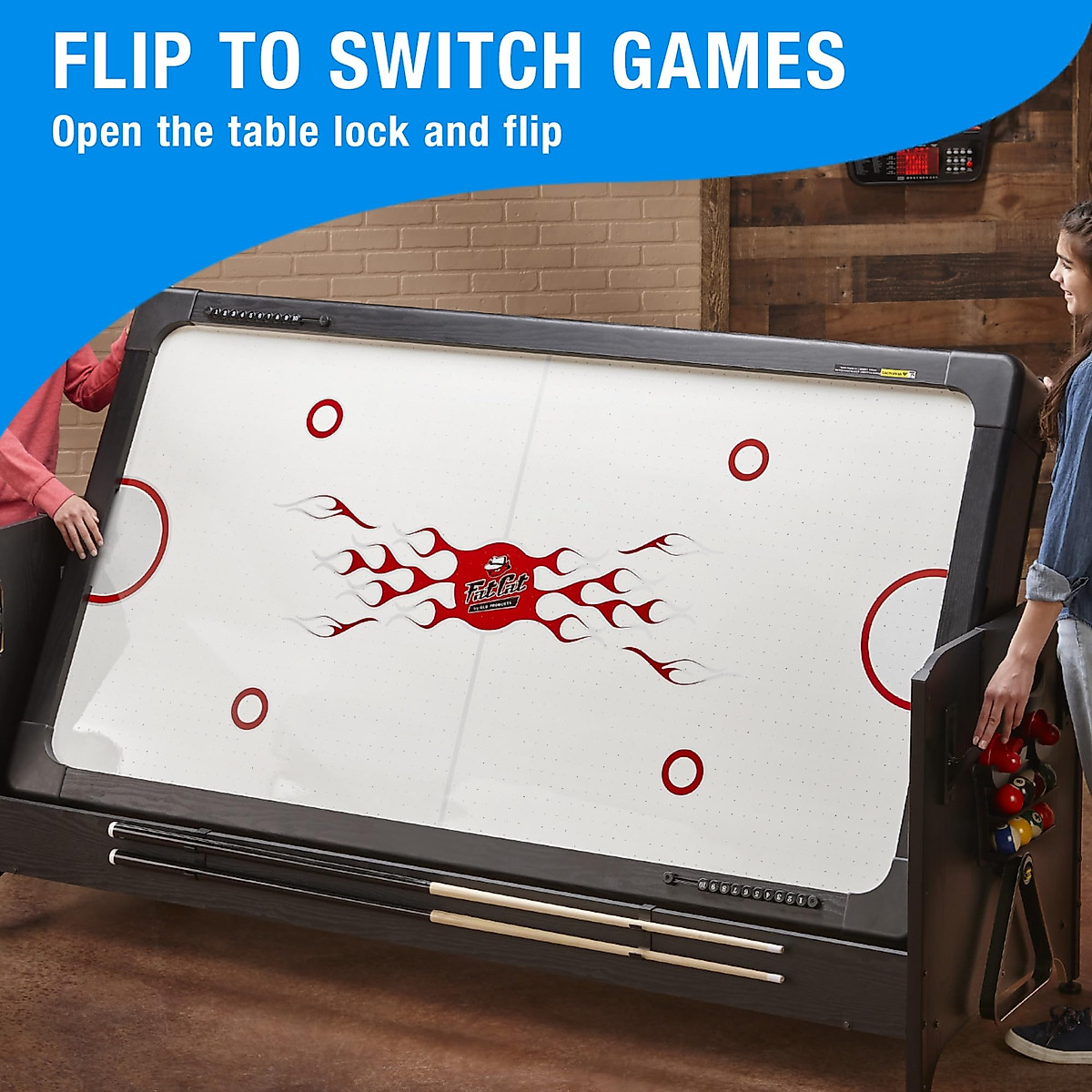 Fat Cat Original 3-in-1 Green 7' Pockey Multi-Game Table - Air Hockey, Billiards and Table Tennis - Blue