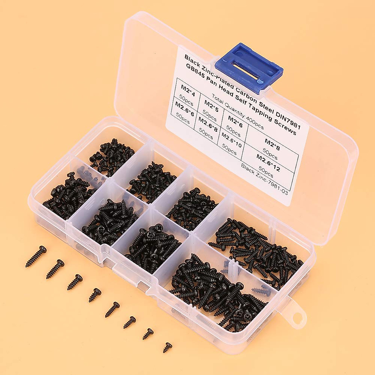 Self Tapping Screw, 400Pcs M2/M2.6 Cross Pan Head Self Tapping Screws Set Black Cross Tapping Screws Assortment Kit for Plastic,Wood,Soft Metal,etc