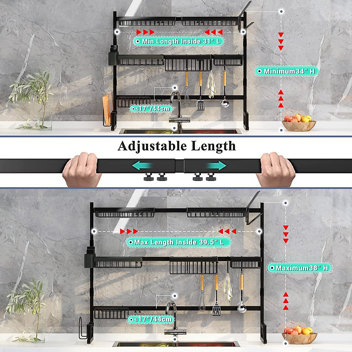ADBIU Over The Sink Dish Drying Rack (Expandable Height and Length) Snap-On Design 2 Tier Large Dish Rack Stainless Steel (31-39.5L x 12W x 34-38H (inches))