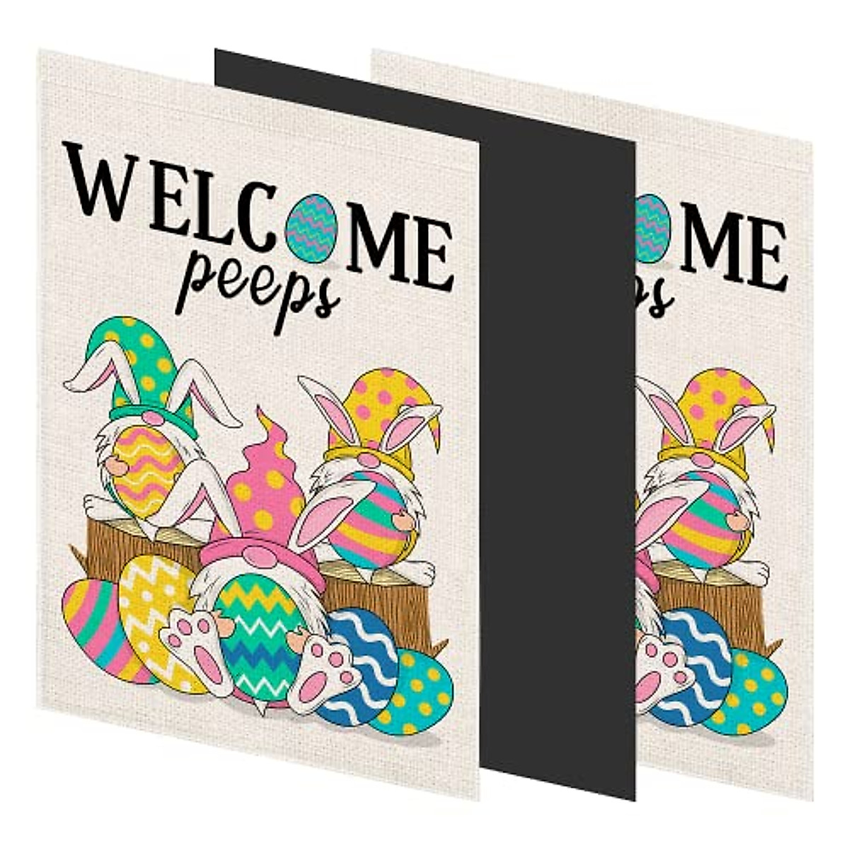Ksoemar Easter Flag 28 x 40 Double Sided, Welcome Peeps Bunny Gnomes Easter House Flags, Large Burlap Yard Flag,Spring Gnomes Eggs Rabbit Welcome Easter House Decoration