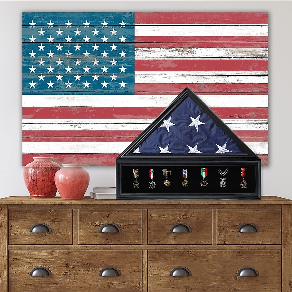 Zmiky Veteran Burial Flag Display Case American Flag Solid Wood Display Case Fits a 5 X 9.5 Flag Folded Military Shadow Box with Felt Lining Holder for Pins Insignia Medals, Black