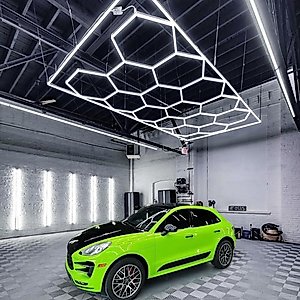 XHEXFLASH Led Hexagon 14 Grid Ceiling Lighting for Garage Auto Detailing Shop/Workshop/Hair Salon 15.88 fts x 7.98 fts IP54