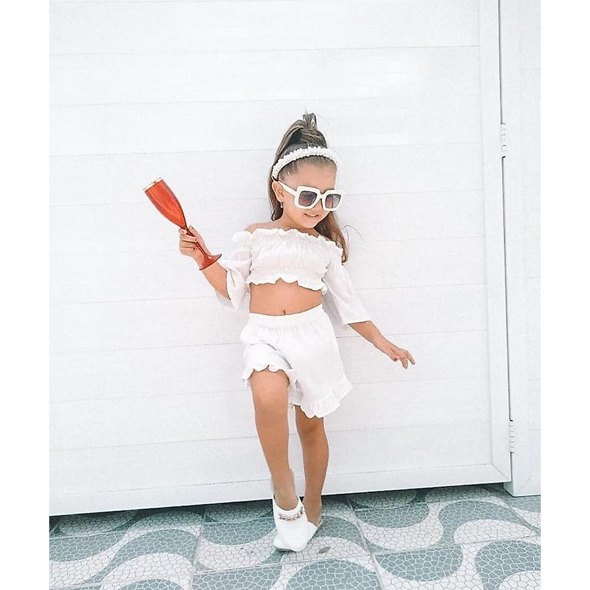 Kids Toddler Baby Girls Off Shoulder Flare Sleeve Tube Crop Top Shirt Ruffle Shorts Headband 3 Piece Summer Outfits (White,3-4T,)