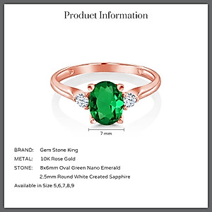 Gem Stone King 10K Rose Gold Green Simulated Emerald and White Created Sapphire 3-Stone Ring For Women (1.10 Cttw, Available In Size 5, 6, 7, 8, 9)