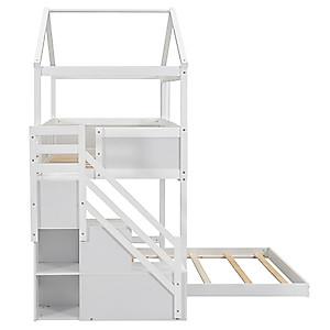 Harper & Bright Designs Twin Over Full House Bunk Bed with Stairs and Blackboard, Wood Floor Bunk Bed Frame with Storage Staircase, for Kids Teens (White)
