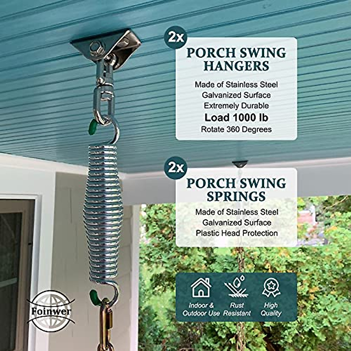 Porch Swing Hanging Spring Kit, Load 1600 lbs, 360 Rotating, Stainless Steel Heavy Duty Hanger Spring for Porch Swing, Hammocks, Swing Chair, Sandbags, Yoga, etc. [2 Sets]