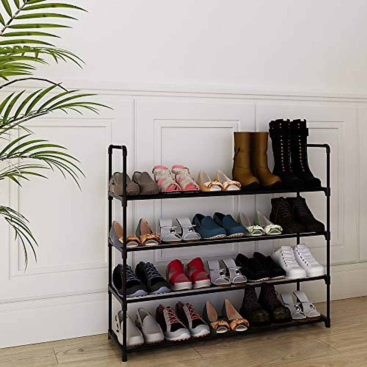 Function Home 4 Tier Free Standing Shoe Rack, Space Saving Shoes Storage Stand, Shoe Organizer Shelf for Bedroom, Entryway and Hallway in Black