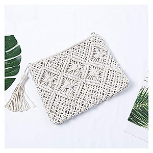 QTKJ Women's Summer Beach Straw Crochet Clutch Bag Woven Envelope Tassel Bag with Zipper (White)