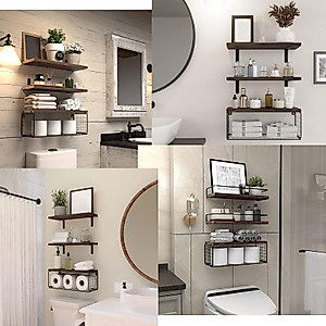 XHGUKC Towel Racks for Bathroom Wall Mounted,3PCS Floating Shelves with Storage Basket, Bathroom Organizers, Wall Mounted Rustic Wood Shelves for Bathroom, Bedroom, Living Room, Kitchen(Dark Brown)