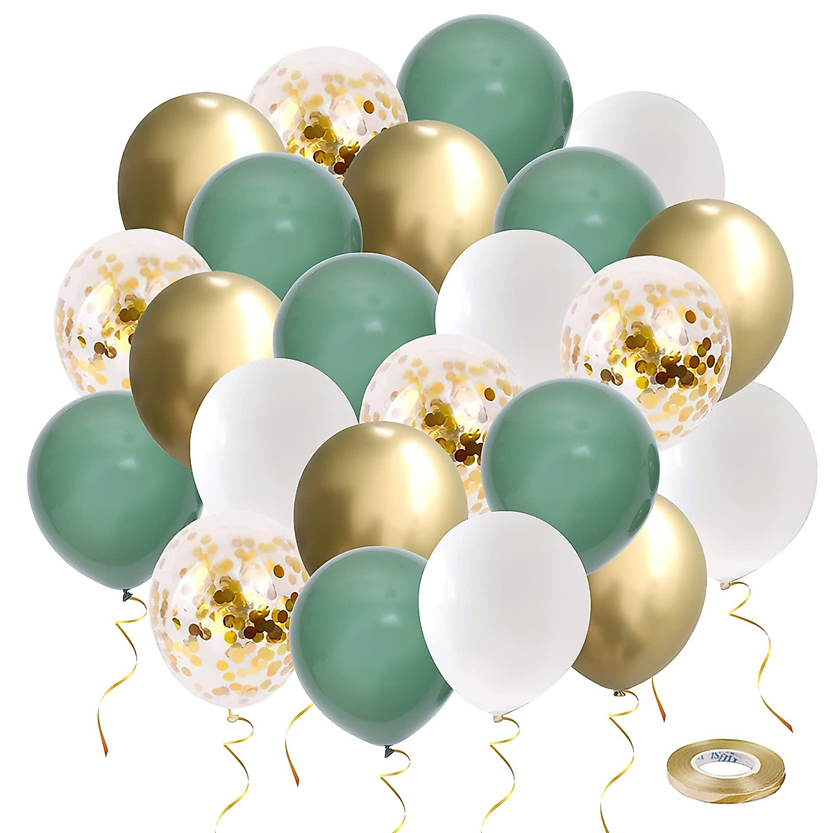 Green and Gold party Balloons, 50pcs 12 Inch Retro Sage Green White Metallic Gold Confetti Balloons with Ribbon for Wedding Birthday Baby Shower Decorations (GreenGold50pcs)