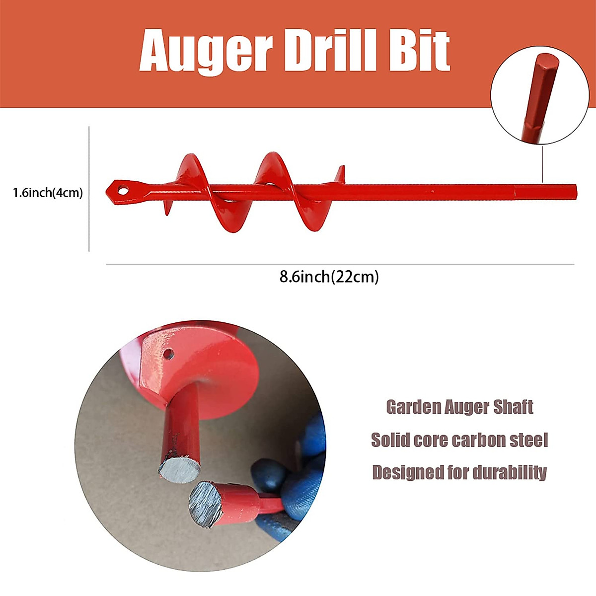 Bit for Planting 1.6"(D) x8.6"(L), Garden Ground Earth Spiral Drill Bit for 3/8" Hex Drive Drill Auger Bulb Planter Drill Bit Post Hole Digger Solid Shaft Heavy Duty Auger Spiral Drill Bit