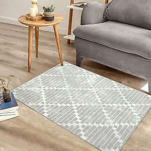 ROYHOME Washable Area Rug Entryway Small Rug Non-Slip Diamond Distressed Accent Rugs Modern Geometric Floor Carpet for Door Mat Bedroom Kitchen Living Room Rug, Grey, 2' x 3'