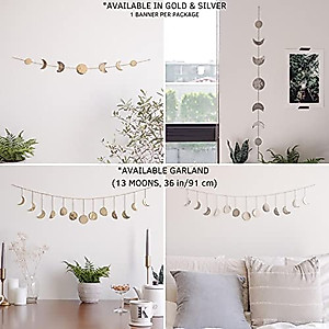 Moon Phase Wall Hanging [Handmade Hammered Gold Metal 7 Moons 34" Banner] Phases of the Moon, Celestial Lunar Decorative Wall Art, Bohemian Aesthetic, Christmas Boho Decor for Living Room Girl Gift