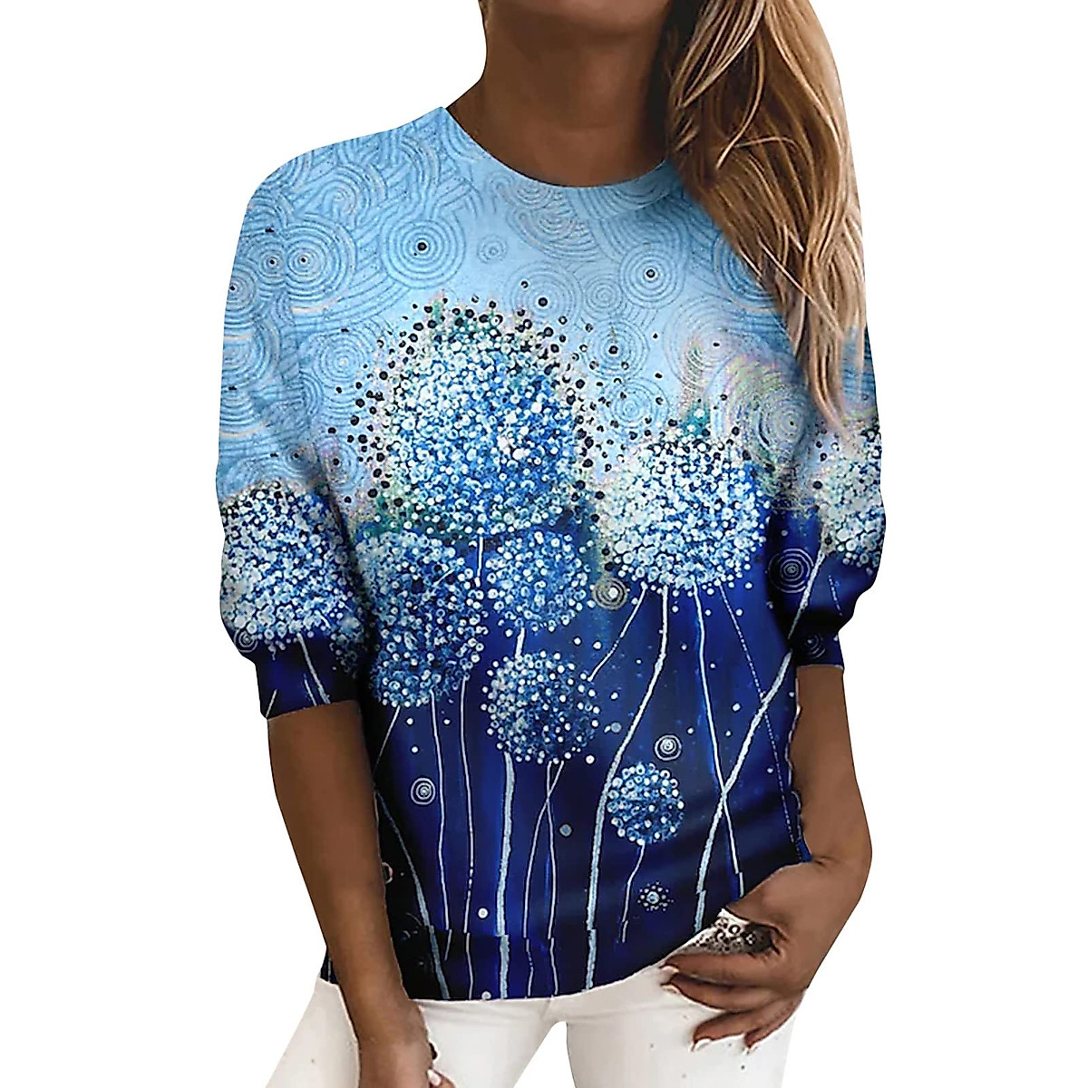 Women's Round Neck Long Sleeve Top Casual Dandelions Print Top Blouse Basic Loose Fit Crew Neck Graphic Tees