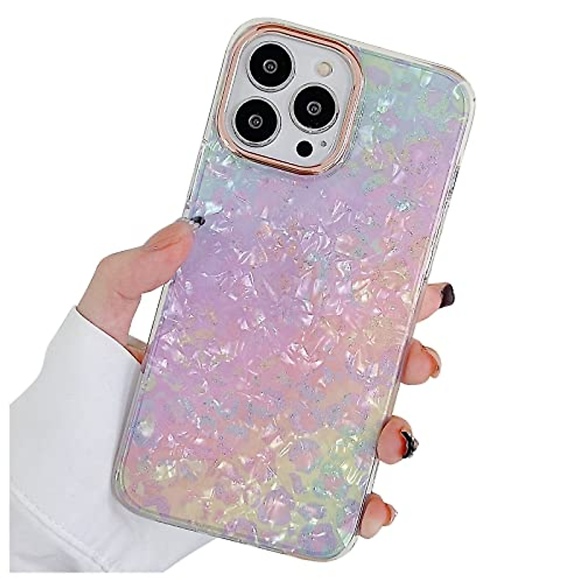 YeLoveHaw Designed for iPhone 14 Pro Case for Women Girls, Pink Purple Pearly-Lustre Shell, Colorful Glitter Powder Leopard Print, Slim Hard Protective Cover for iPhone 14Pro (Shiny Leopard)