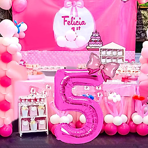 Cadeya Bow Number 5 Birthday Balloons, 40”Hot Pink Aluminum Foil Balloons for Girl 5th Birthday Party, Kids Theme Party Decoration Supplies